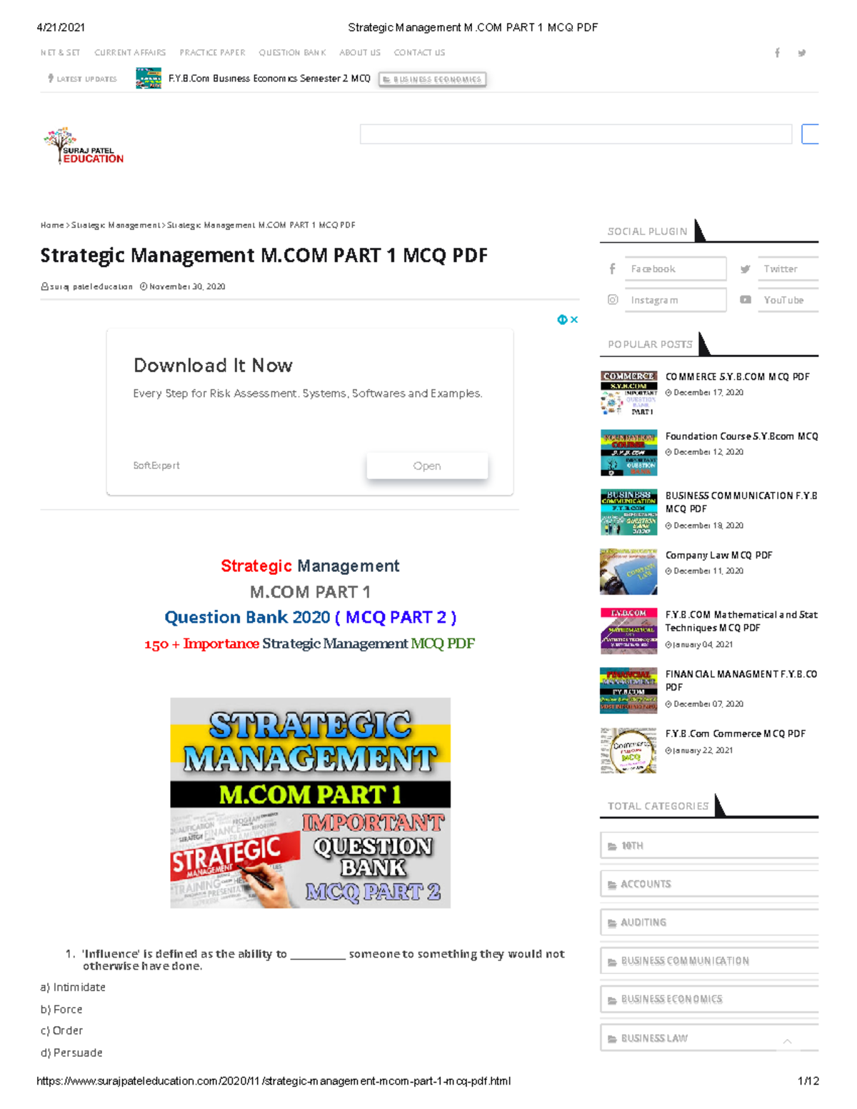 Strategic Management M.COM PART 1 MCQ PDF - LATEST UPDATES suraj patel ...