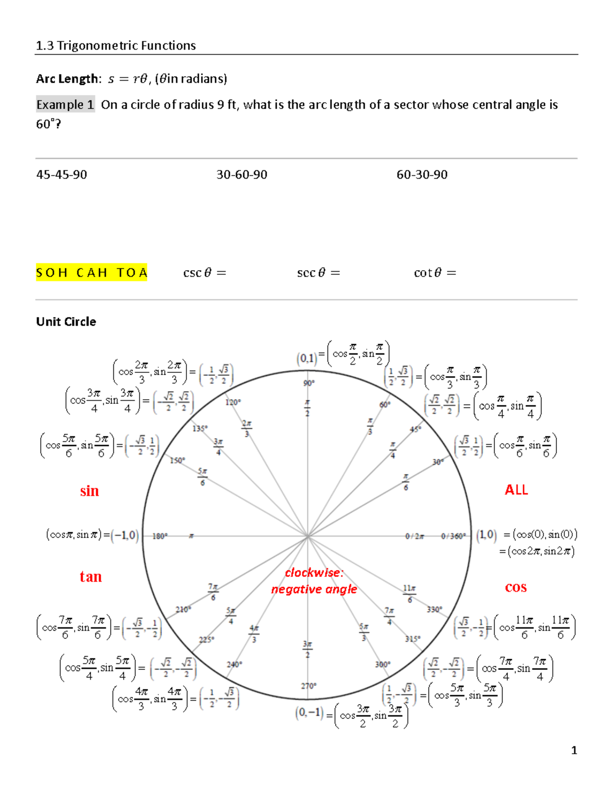 1.3 trig functions - Arc Length:! " #$, ($in radians) Example 1 On a ...
