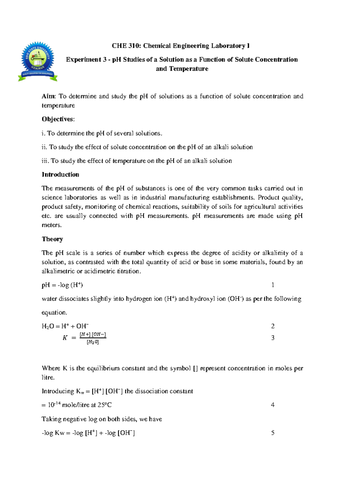 CHE 310 - p H Determination (KOH) - CHE 310: Chemical Engineering Laboratory I Experiment 3 - pH ...