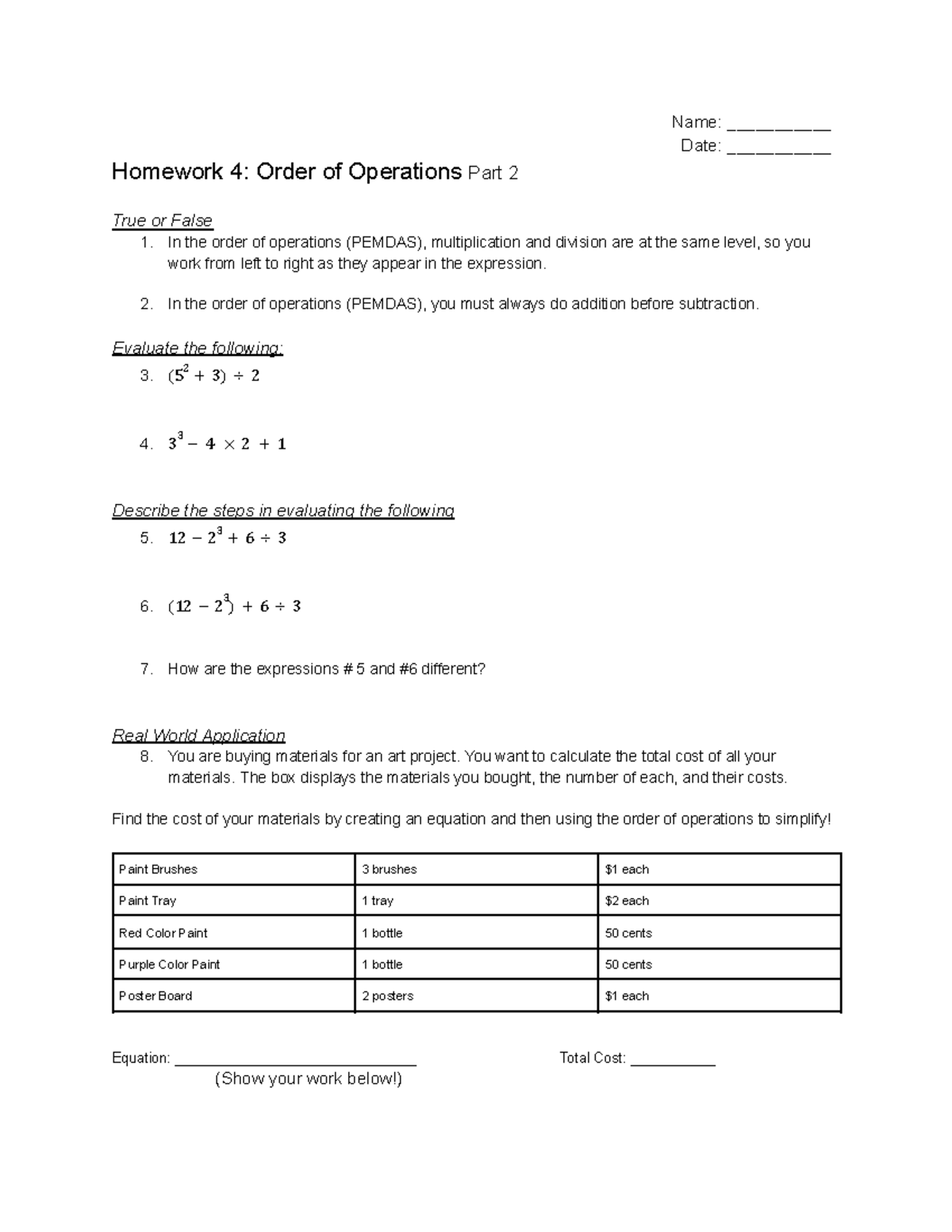 Homework 4 Order of Operations Part 2 - Name: ___________ Date ...