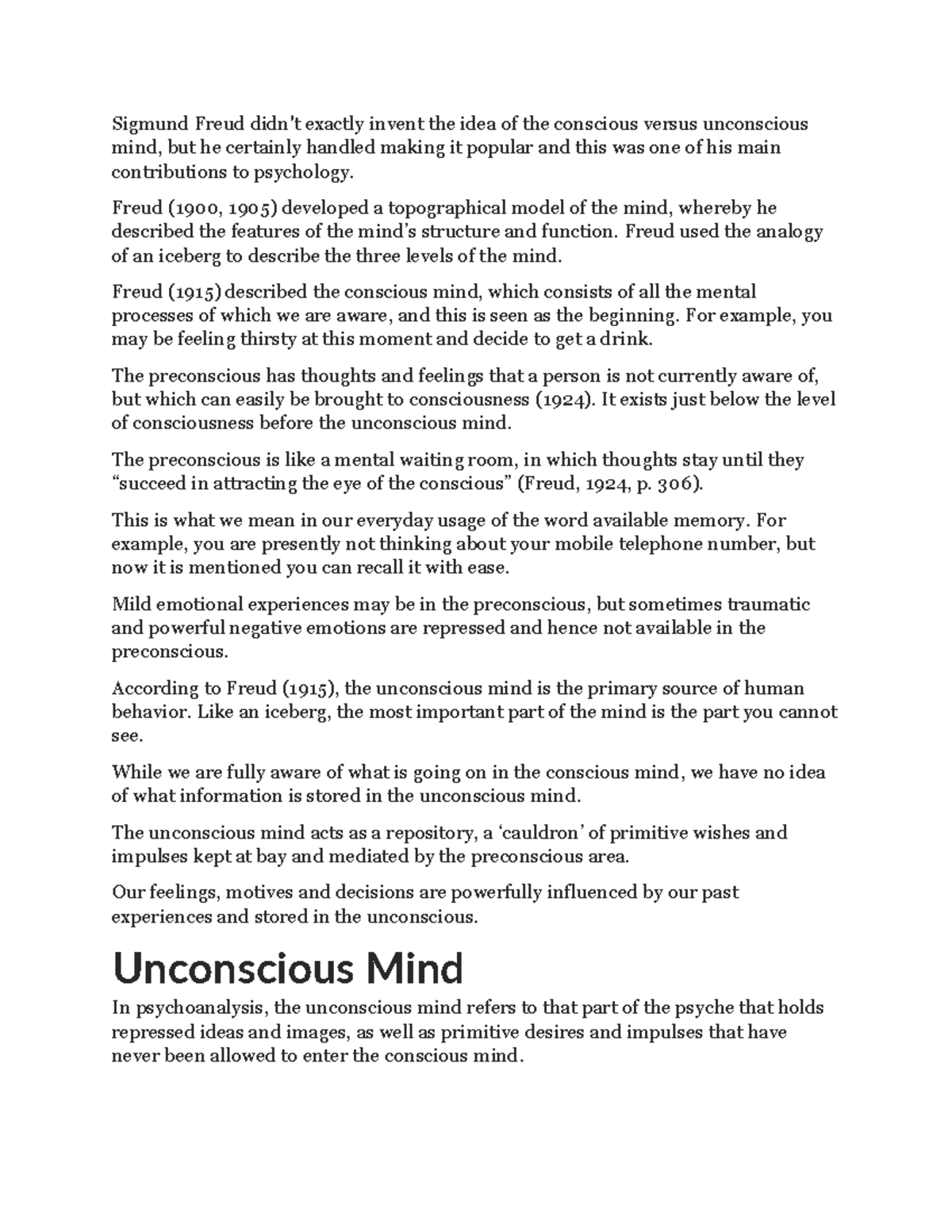 Freud and the Unconscious Mind Notes - Sigmund Freud didn't exactly ...