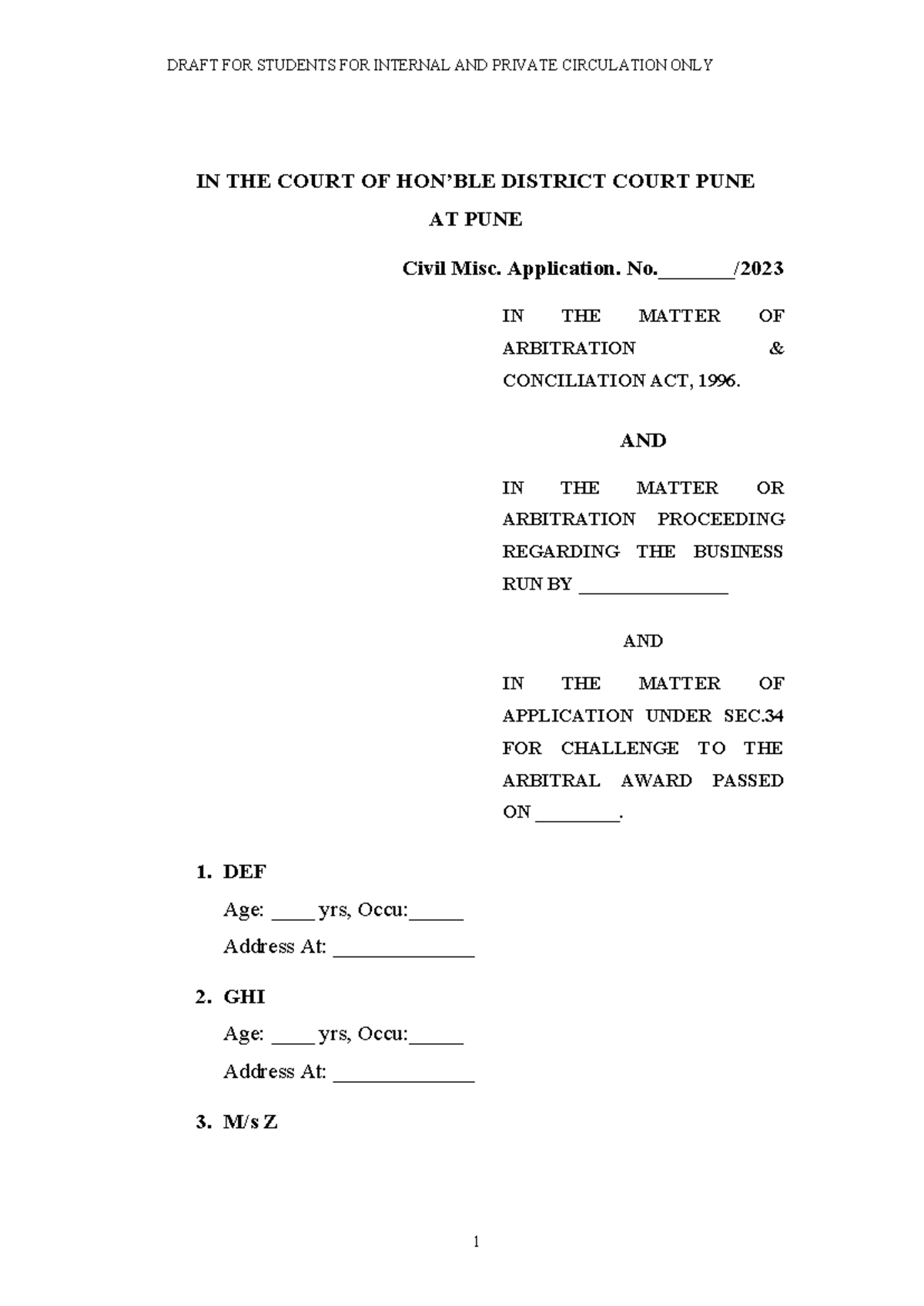 Sec.34 Draft for Students 4th Ballb ILS Law College - Model Draft 1 ...