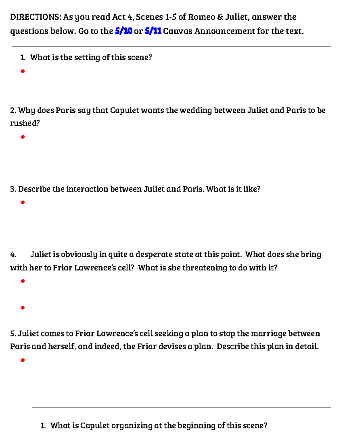 Act 4, Scenes 1-5 Questions - DIRECTIONS: As you read Act 4, Scenes 1-5 of Romeo & Juliet, - Studocu