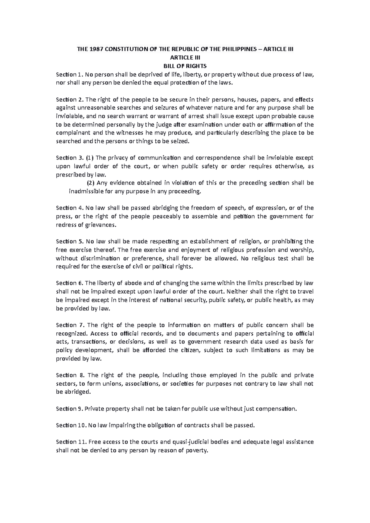 Article 3 BILL OF Rights - THE 1987 CONSTITUTION OF THE REPUBLIC OF THE ...