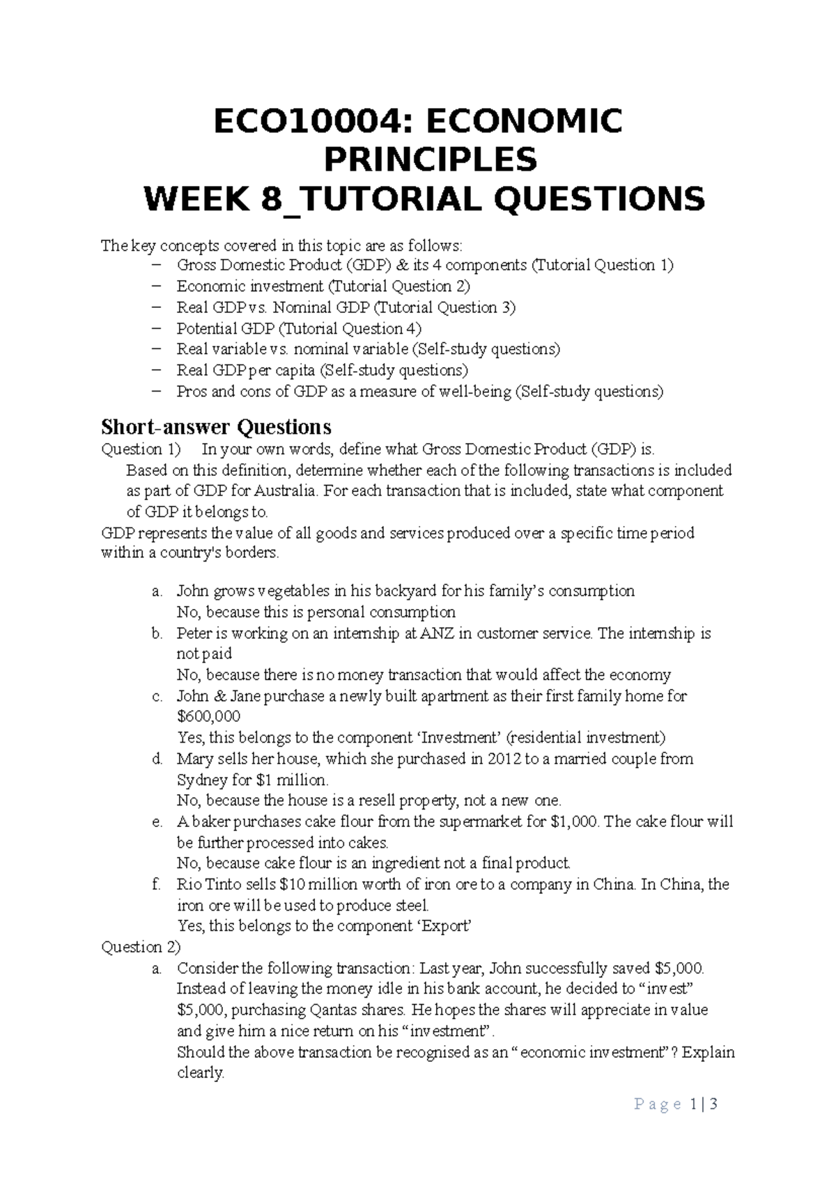 Week 8 Tutorial Questions answers - ECO10004: ECONOMIC PRINCIPLES WEEK ...