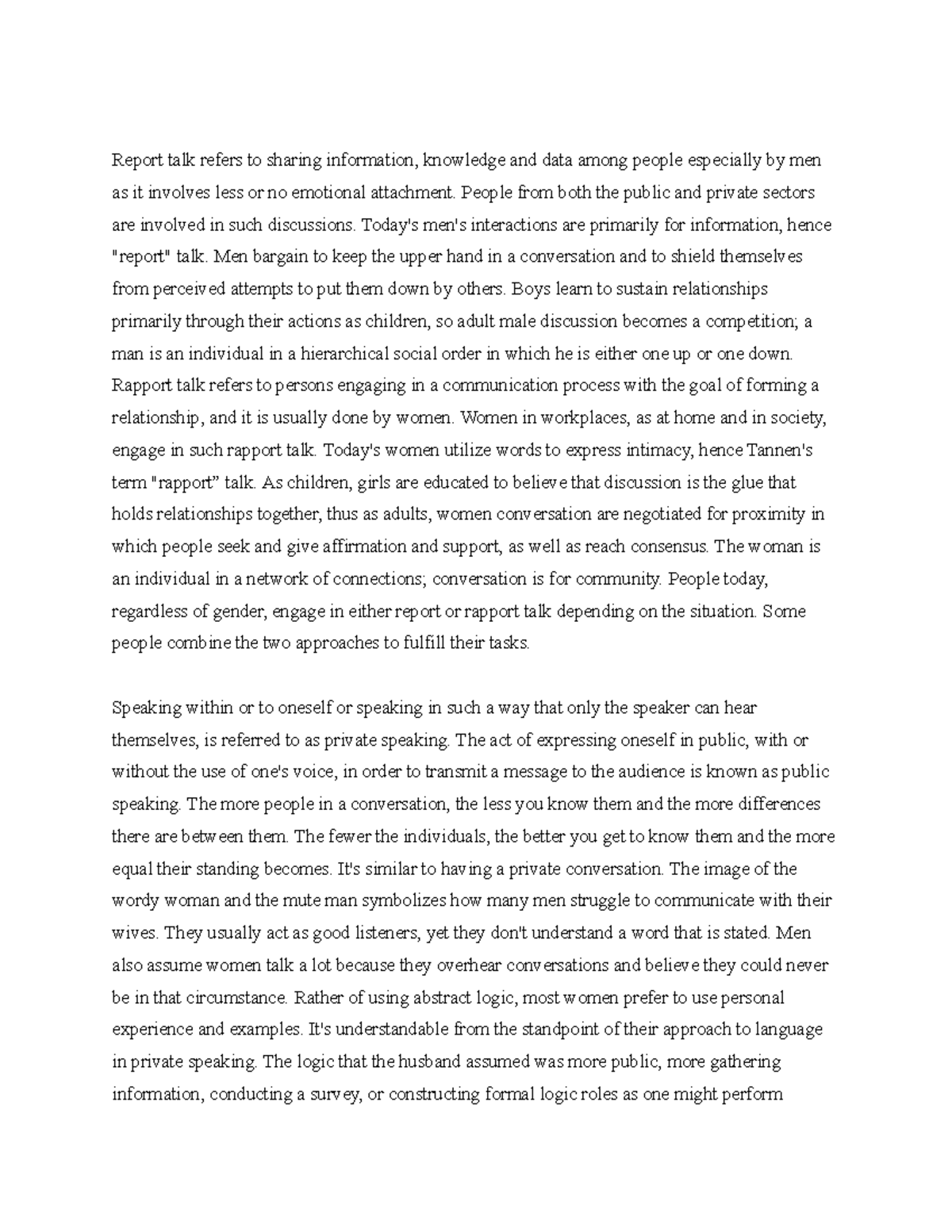 Discussion 4 - Report and Rapport Talk - Report talk refers to sharing ...