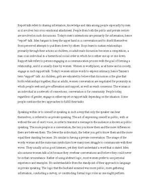Discussion 4 - Report and Rapport Talk - Report talk refers to sharing ...