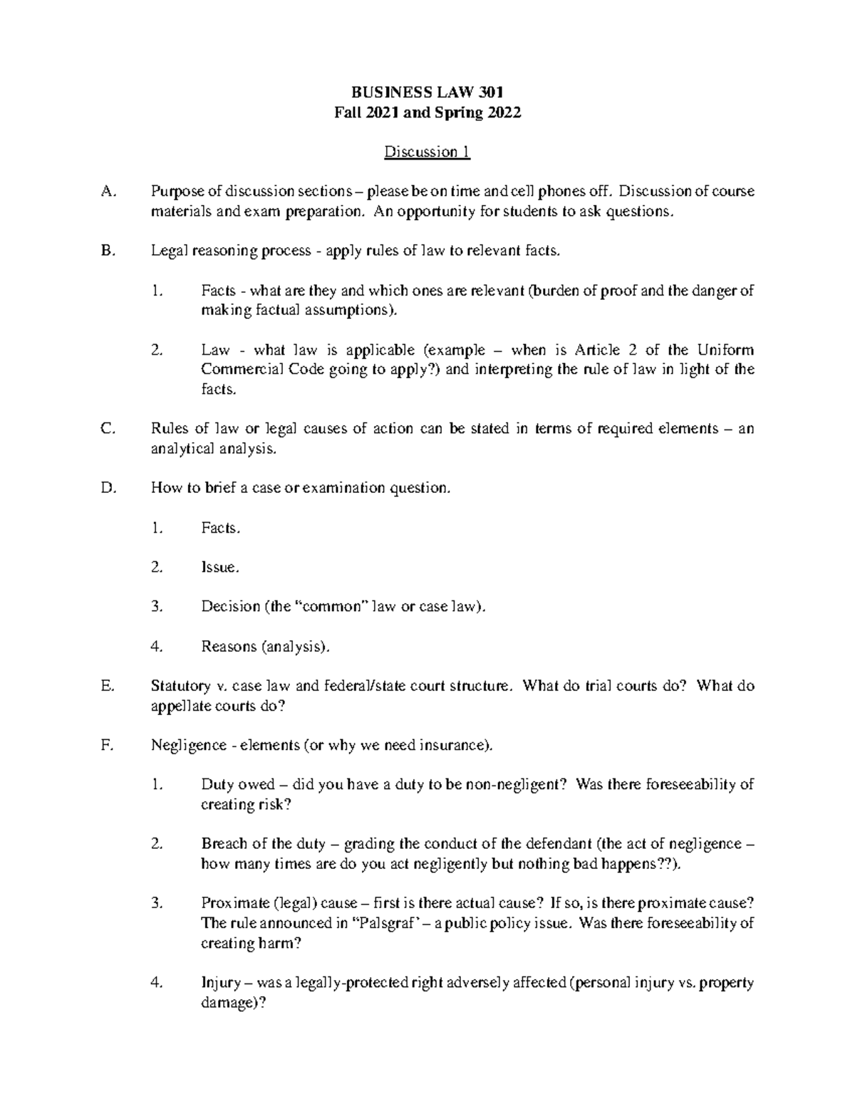Discussion Section Outlines - A. B. C. D. E. F. BUSINESS LAW 301 Fall ...