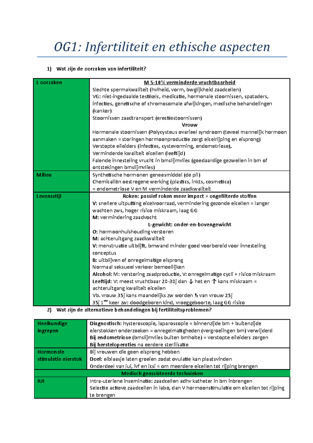 OGS Klinische 1 - OG1: Infertiliteit en ethische aspecten 1) Wat zijn de oorzaken van ...