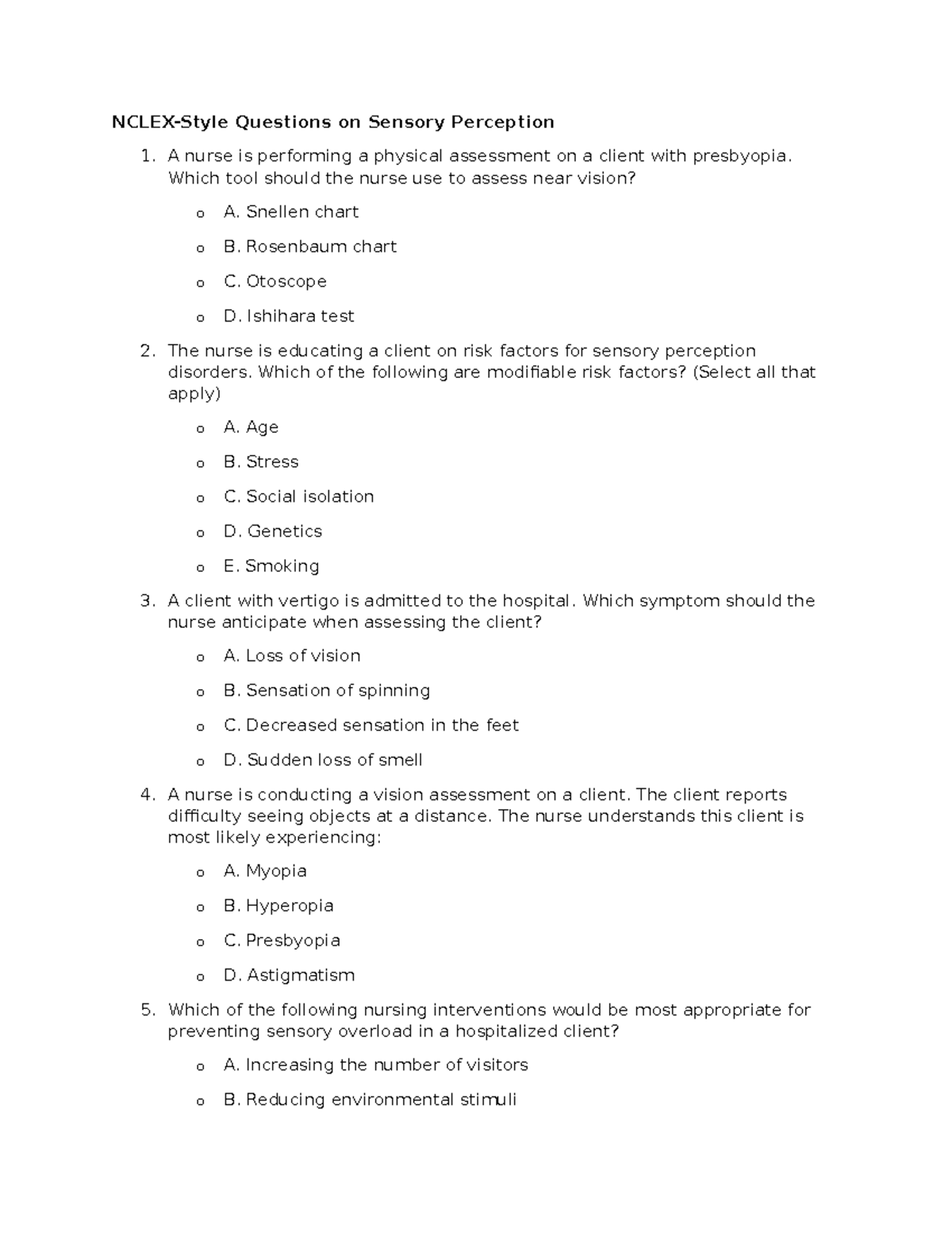 Nclex Style Questions on Sensory Perception - NCLEX-Style Questions on ...