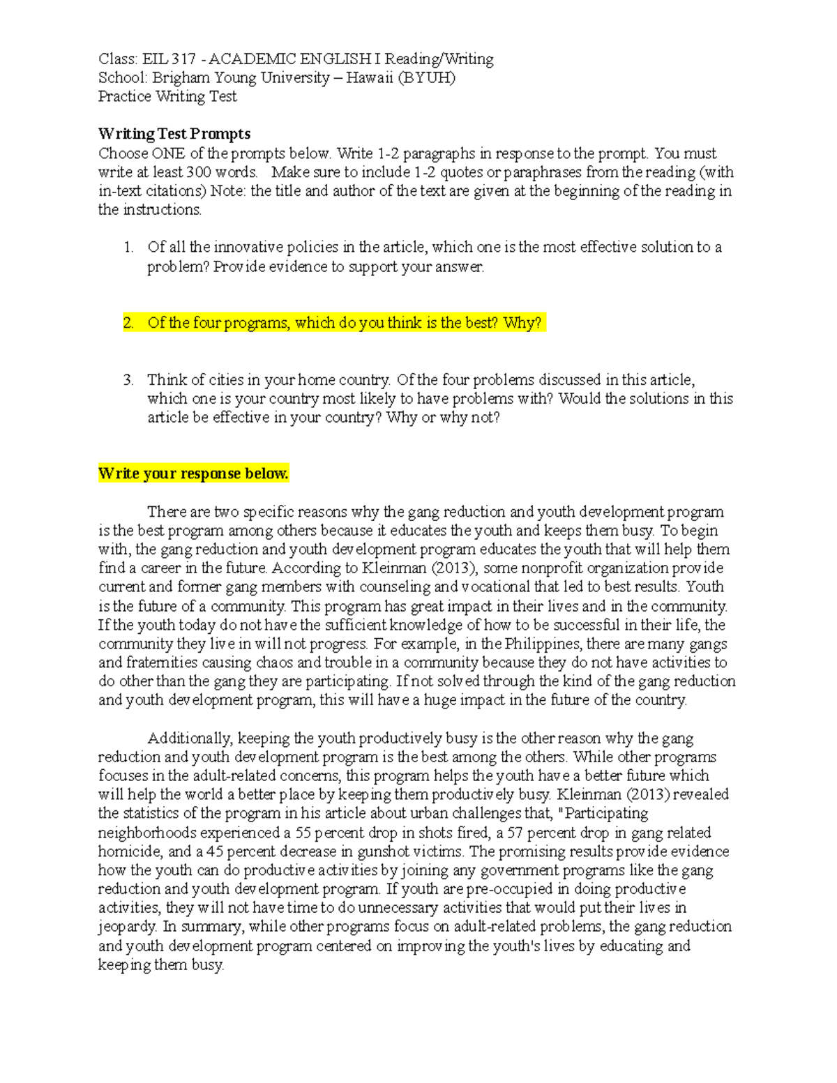 EIL 317 - Academic English I Reading:Writing - BYU-H (Practive Writing ...