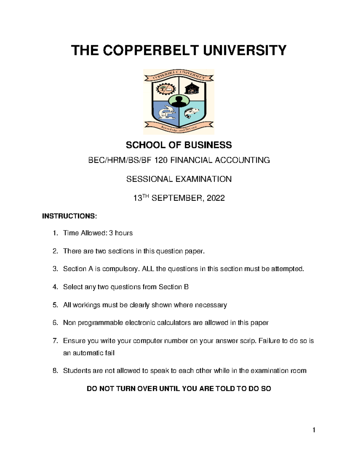BS-BF-BEC-HRM 120 2022 - THE COPPERBELT UNIVERSITY SCHOOL OF BUSINESS ...