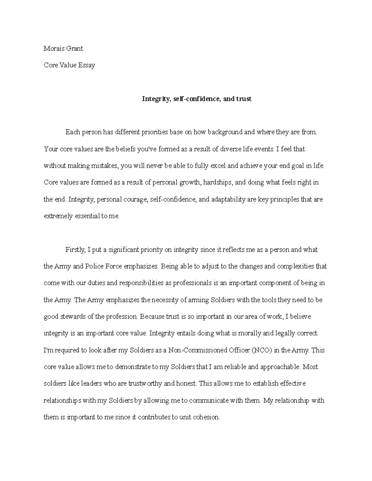 Assignment 1 Core Value Essay FInal submission - Morais Grant Core ...