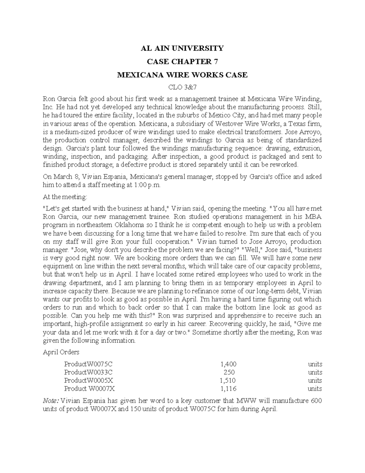 Mexicana Wire Works Case - AL AIN UNIVERSITY CASE CHAPTER 7 MEXICANA WIRE WORKS CASE CLO 3& Ron ...