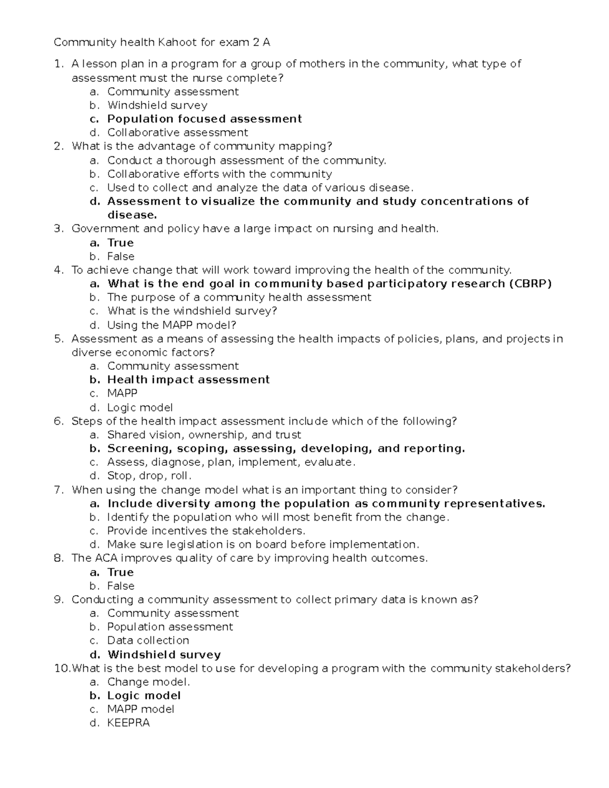 Community health Kahoot for exam 2 A - Community assessment b ...