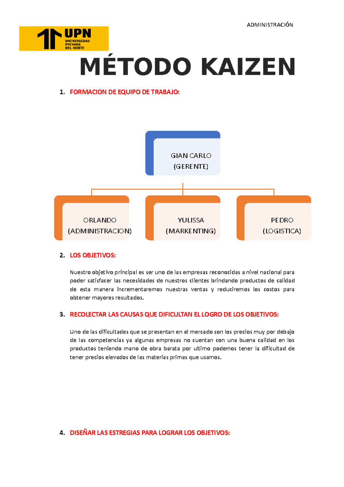Metodo Kaizen - ADMINISTRACIÓN 1. FORMACION DE EQUIPO DE TRABAJO: 2 ...