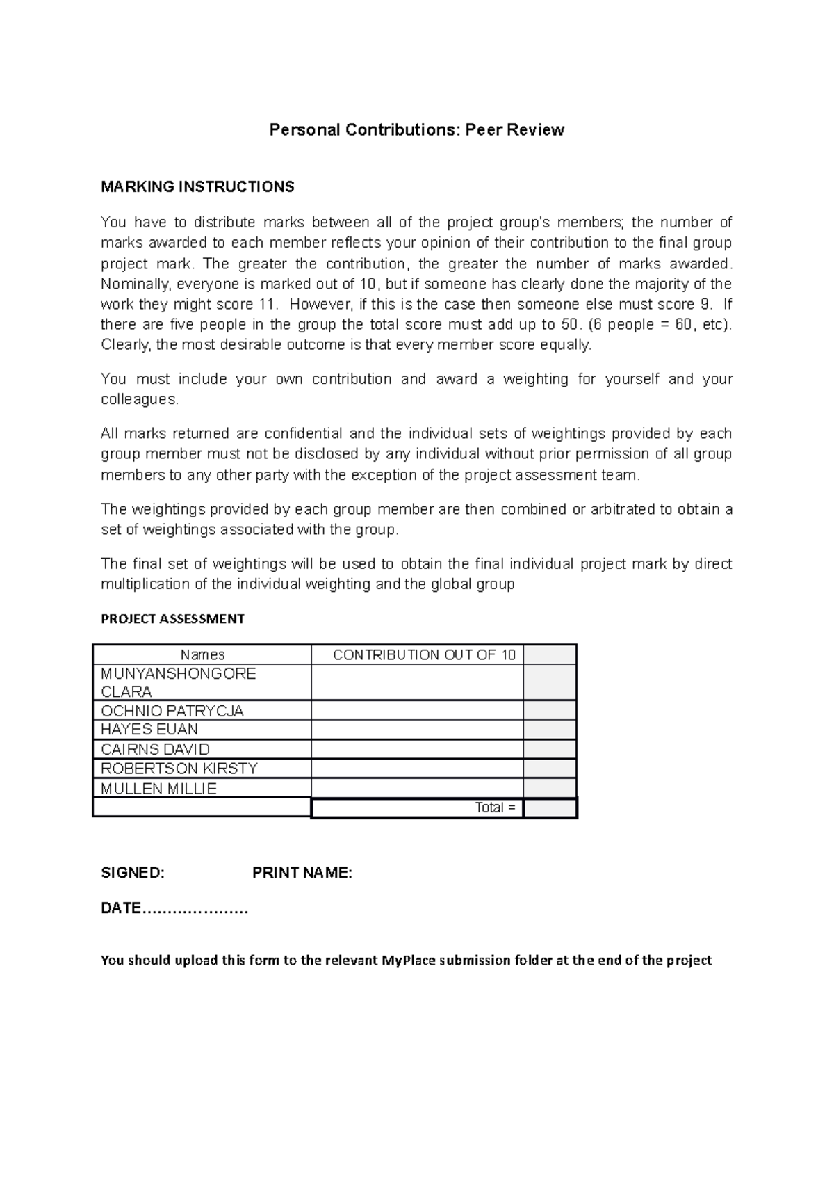 UNIT-5B Peer Assessment - Personal Contributions: Peer Review MARKING ...