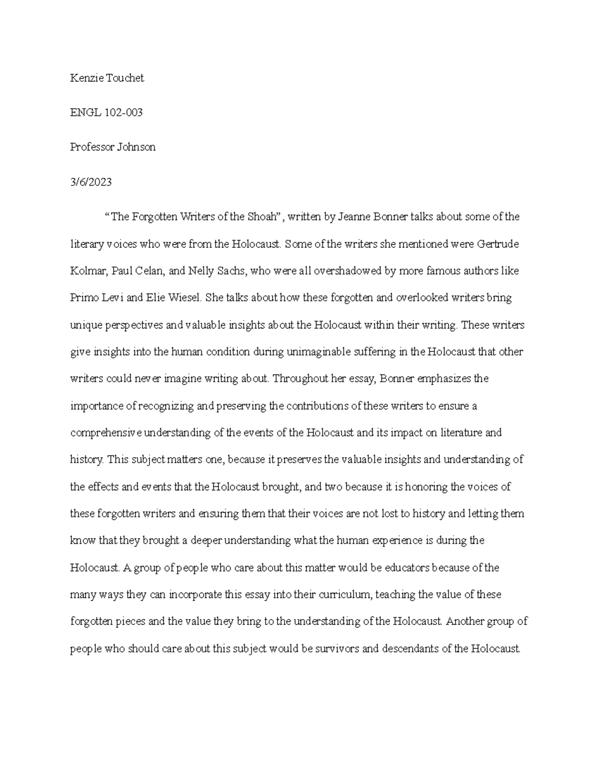Forgotten writers of shoah - Kenzie Touchet ENGL 102- Professor Johnson ...
