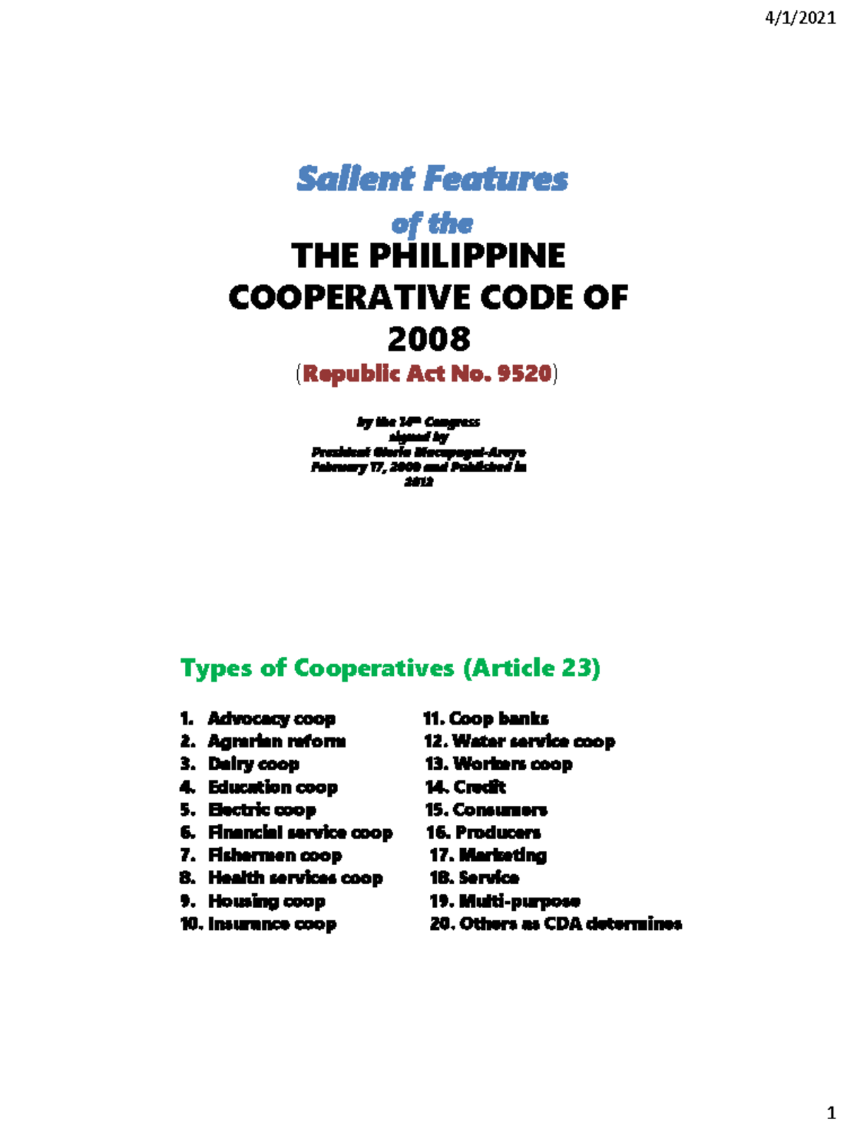 Salient Features of RA 9520 - THE PHILIPPINE COOPERATIVE CODE OF 2008 ...