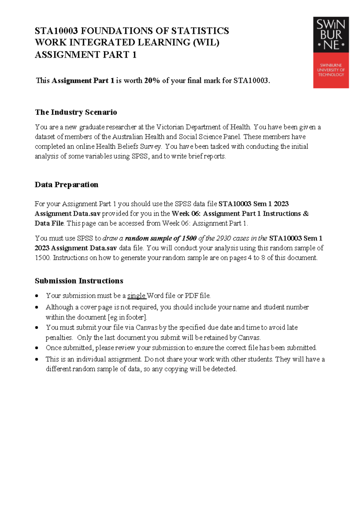 STA10003 Sem 1 2023 Assignment Part 1 - Instructions - STA10003 FOUNDATIONS OF STATISTICS WORK ...