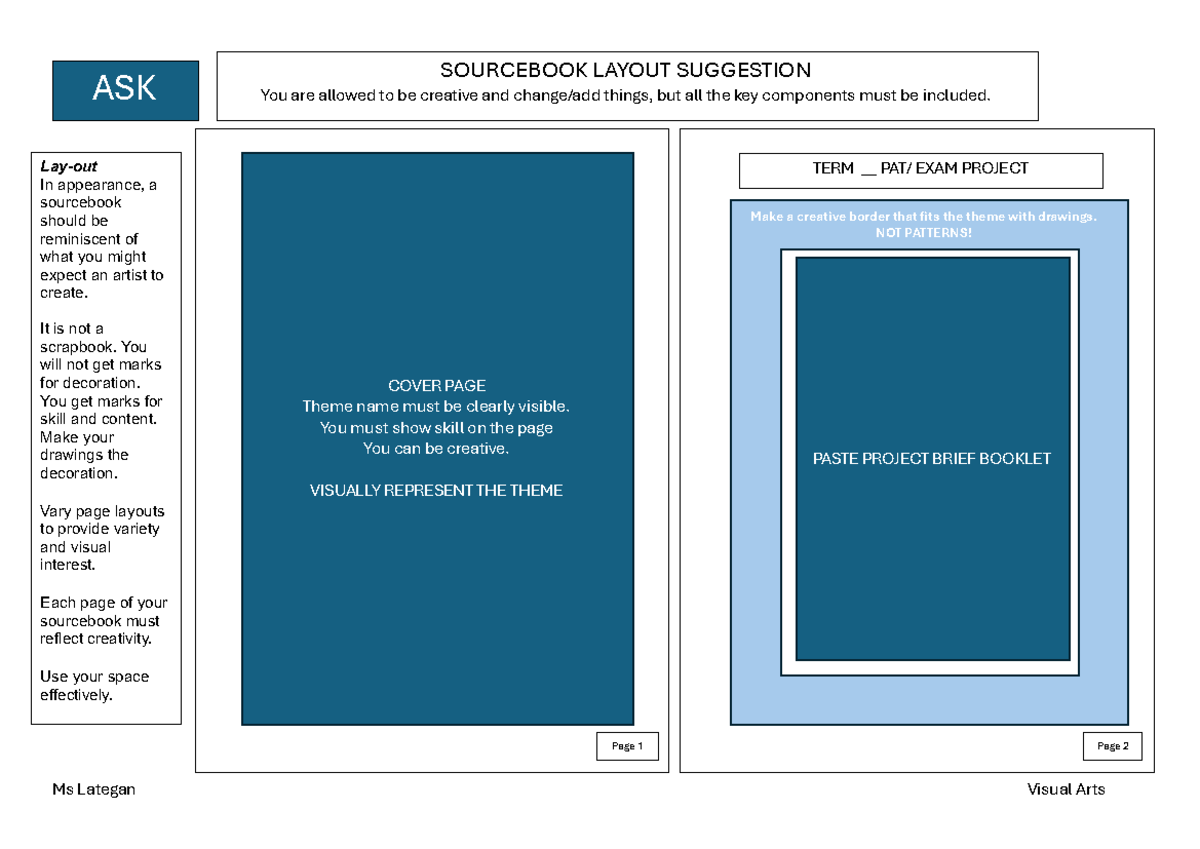 Visual arts Sourcebook Layout - Page 1 Page 2 COVER PAGE Theme name ...