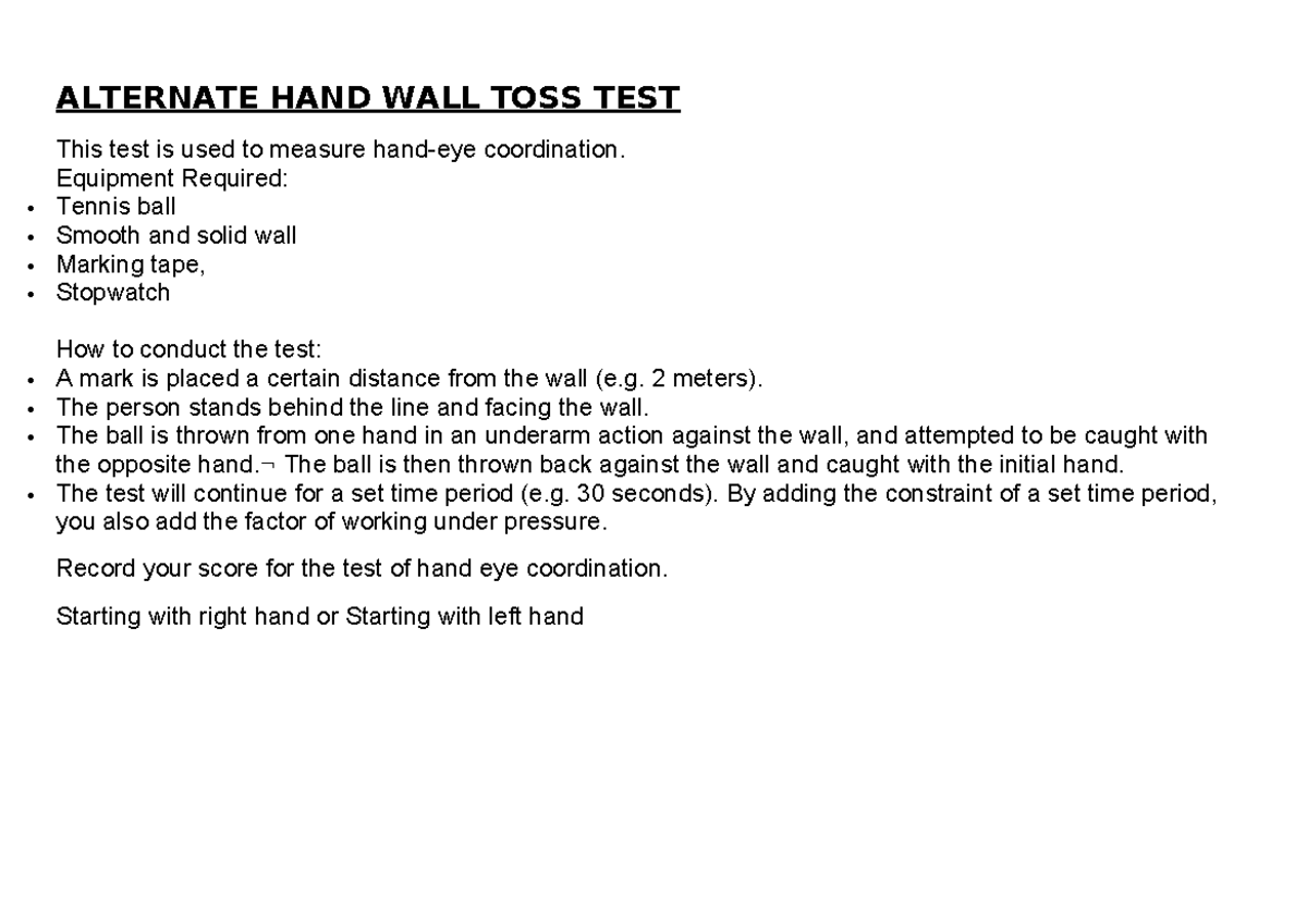 Skill- Related Fitness TEST - ALTERNATE HAND WALL TOSS TEST This test ...