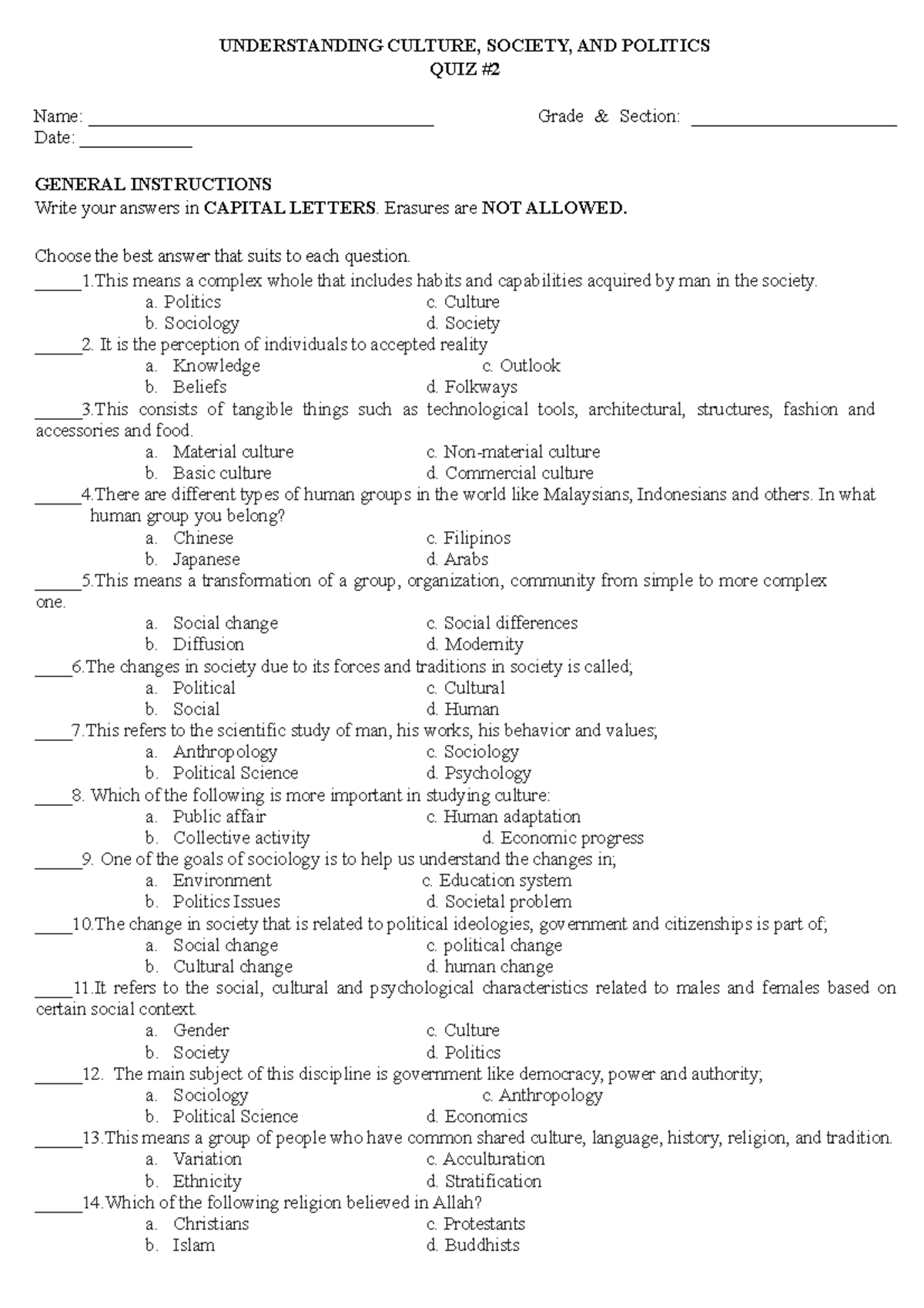 UCSP Quiz 2 - UCSP - UNDERSTANDING CULTURE, SOCIETY, AND POLITICS QUIZ ...