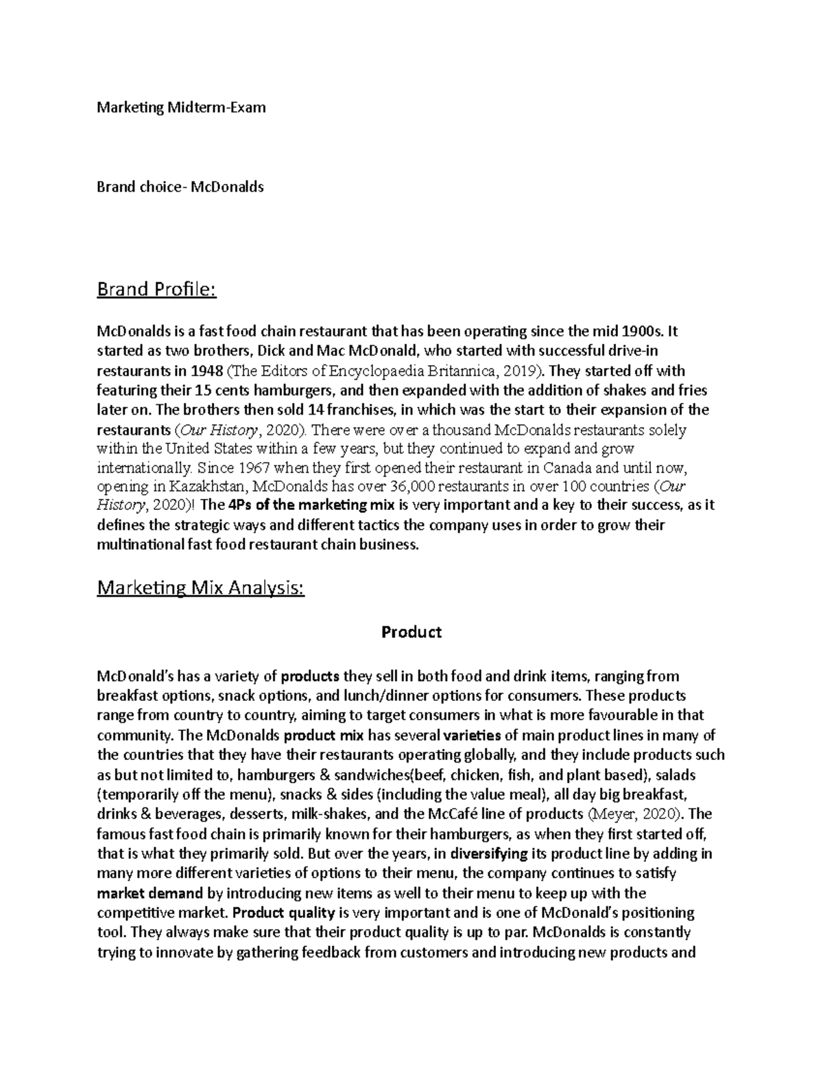 Marketing Midterm Exam - Marketing Midterm-Exam Brand choice- McDonalds Brand Profile: McDonalds ...