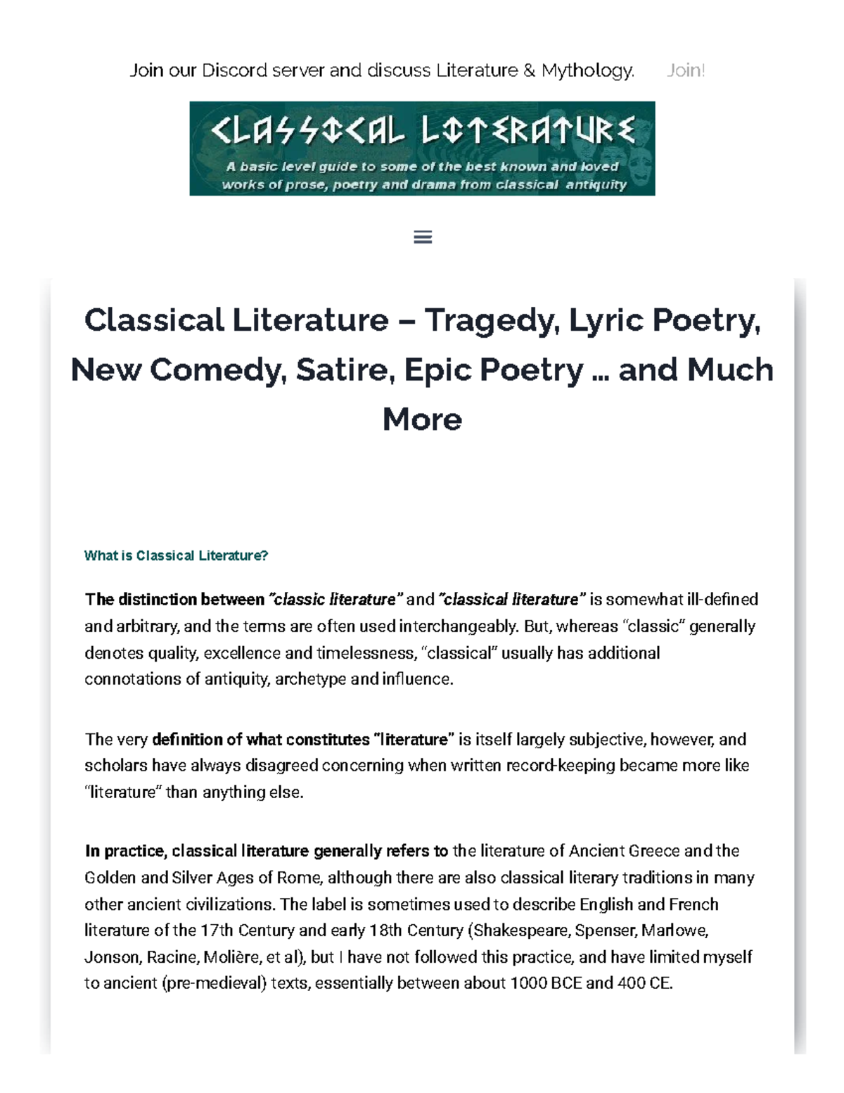 Classical Literature - Tragedy, Lyric Poetry, New Comedy, Satire, Epic ...