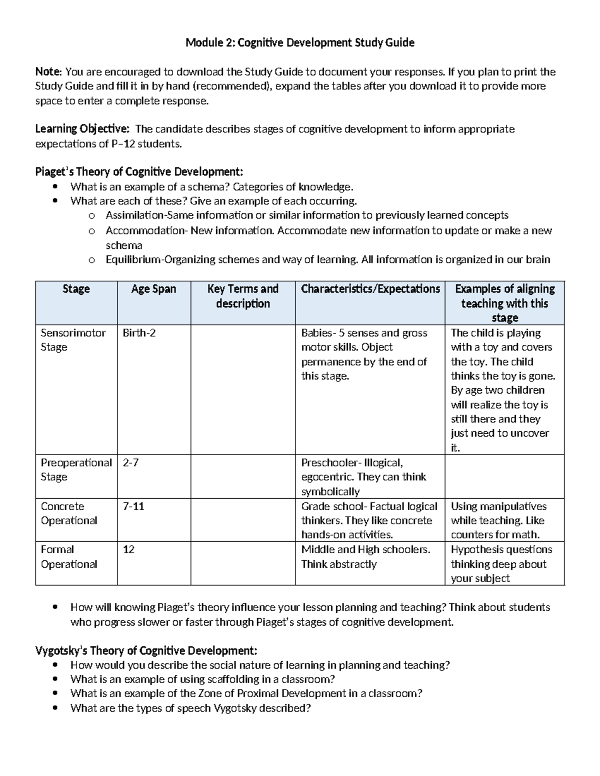 D094 d307 m2 study guide - Module 2: Cognitive Development Study Guide ...