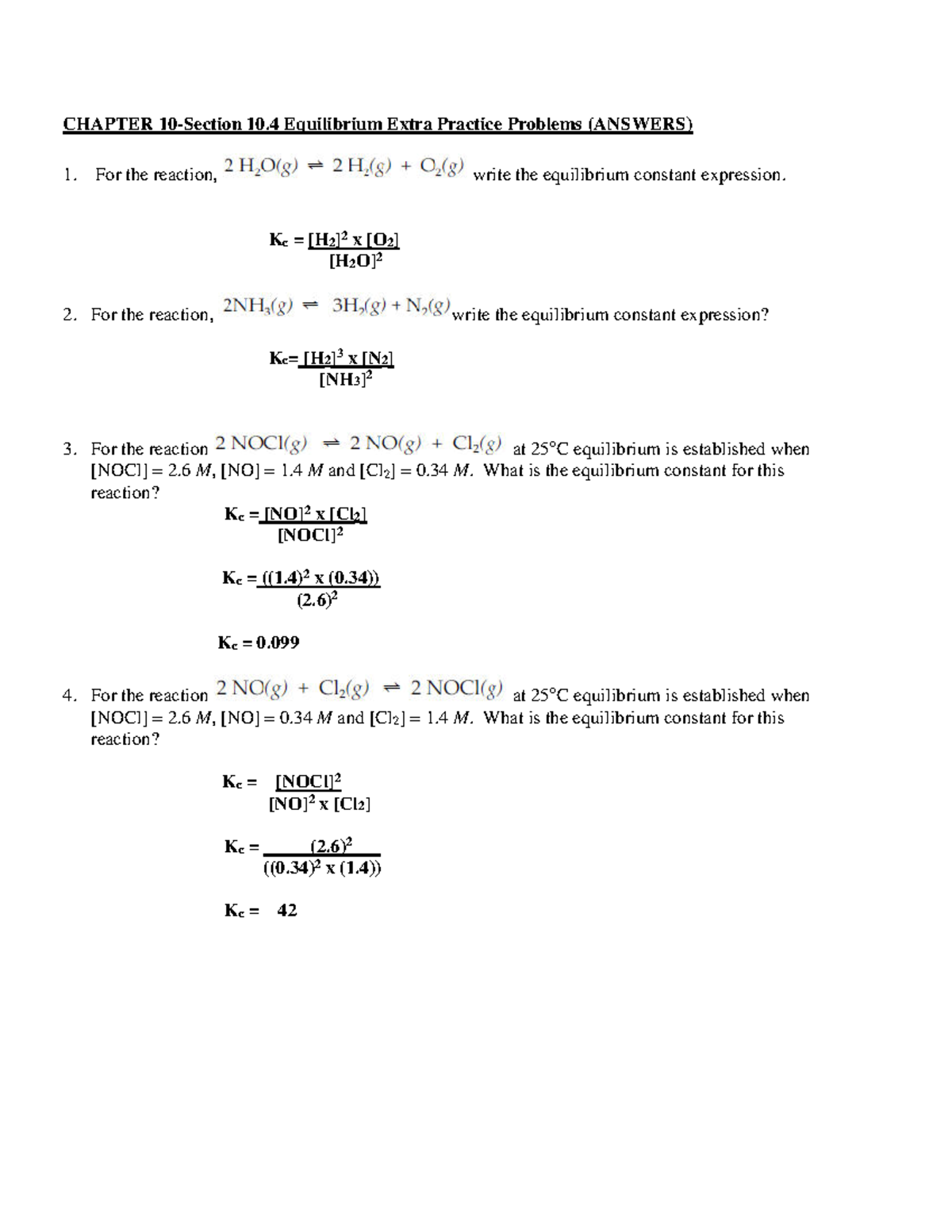 CHM 110 Section 401 Chapter 7 Equilibrium Extra Practice Problems ...