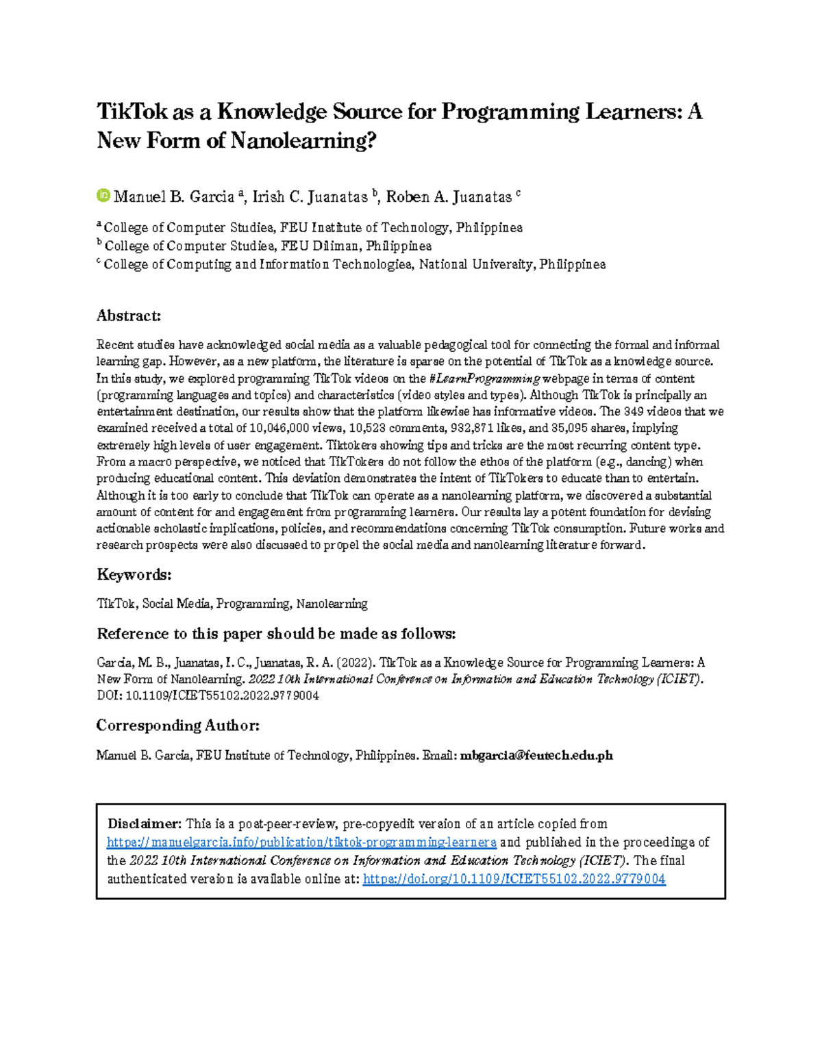 Tiktok Programming Learners Tiktok As A Knowledge Source For Programming Learners A New Form