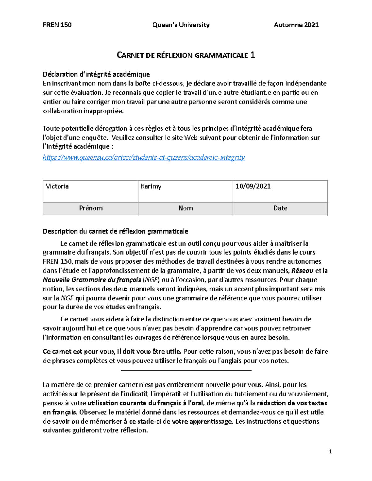 FREN 150 Carnet 1 - CARNET DE RÉFLEXION GRAMMATICALE 1 DéclaraGon d ...