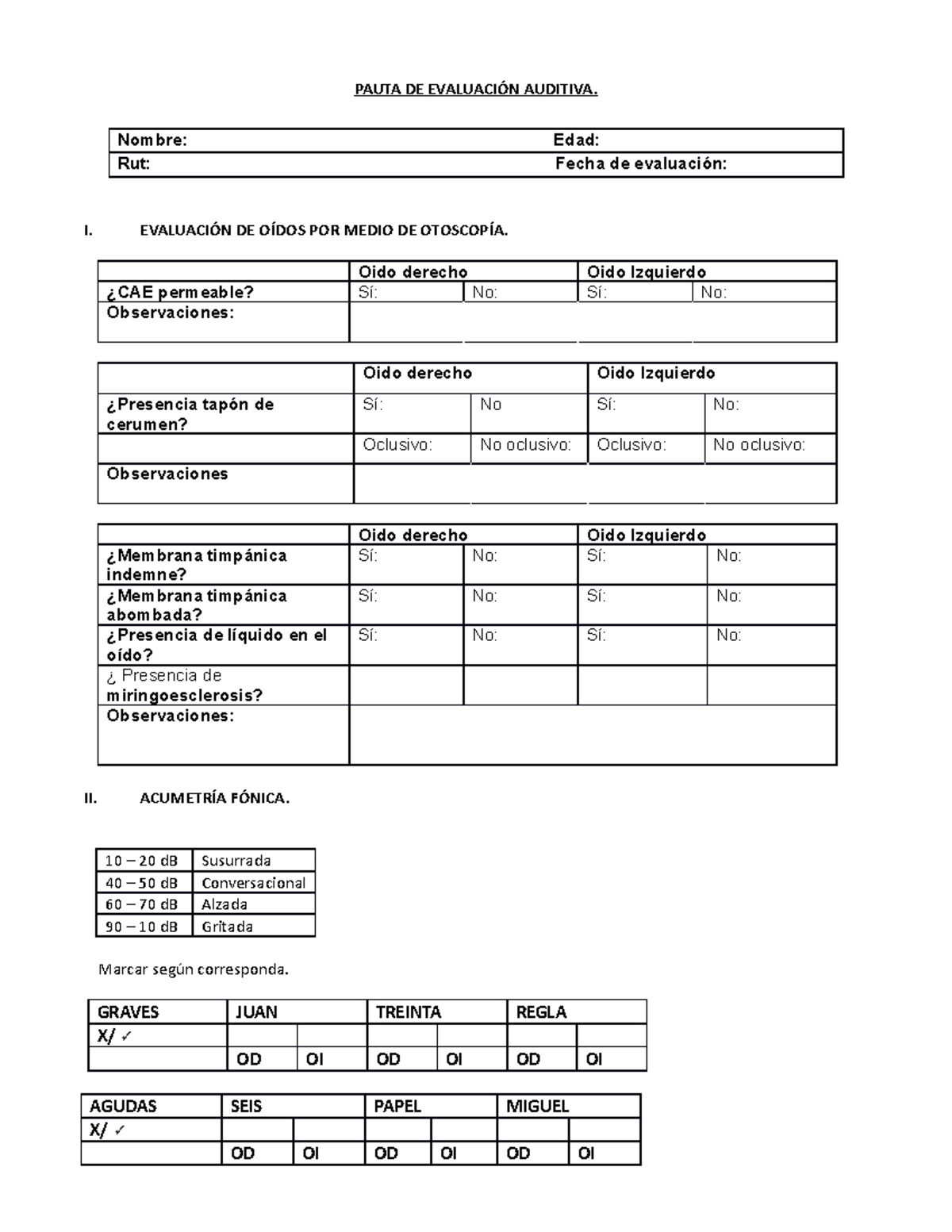 Pauta de otoscopía y acumetría fónica - PAUTA DE EVALUACIÓN AUDITIVA. I ...