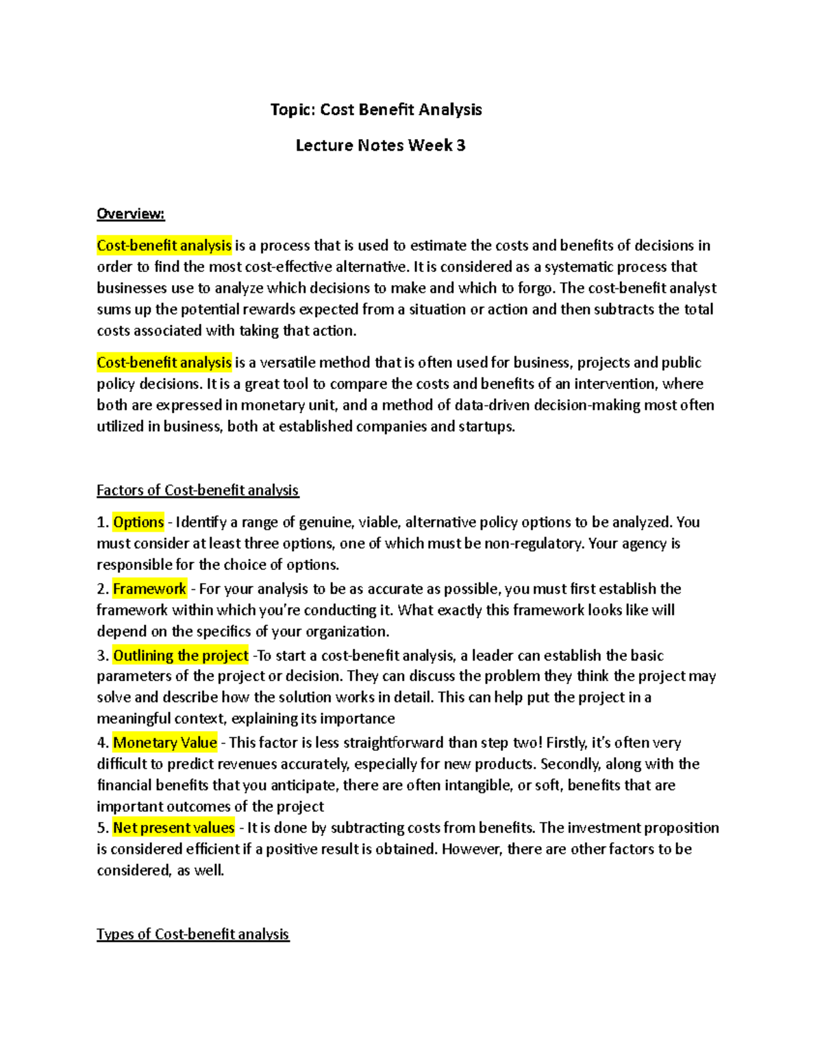 Cost-benefit analysis - Topic: Cost Benefit Analysis Lecture Notes Week ...
