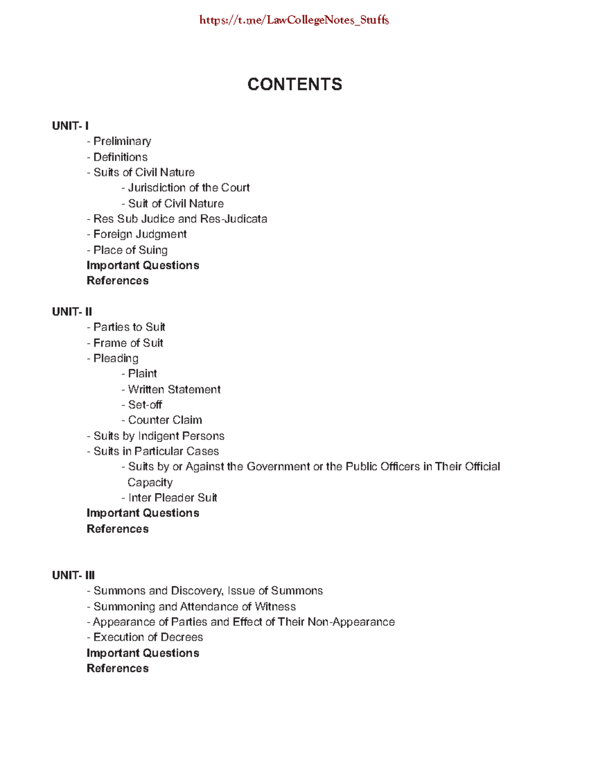 CPC Typed Notes by Kamkus - CONTENTS UNIT- I Preliminary Definitions ...