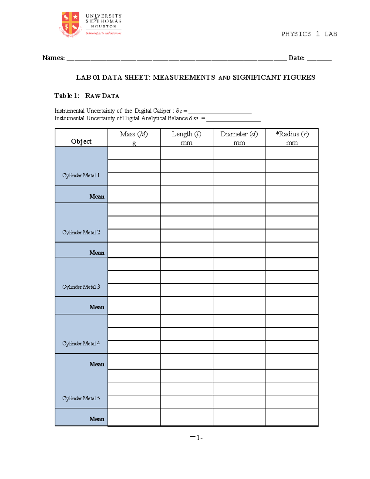 Lab 1 data sheet - PHYSICS 1 LAB Names: - Studocu