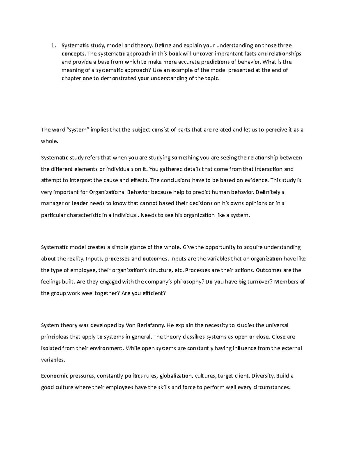 Primer examen - Notes - Systematic study, model and theory. Define and ...