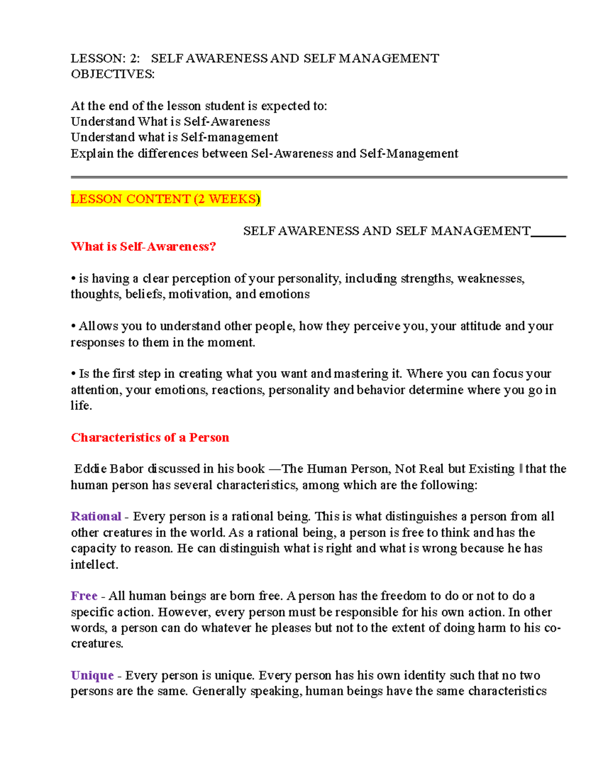 SELF Awareness AND SELF Management - LESSON: 2: SELF AWARENESS AND SELF ...