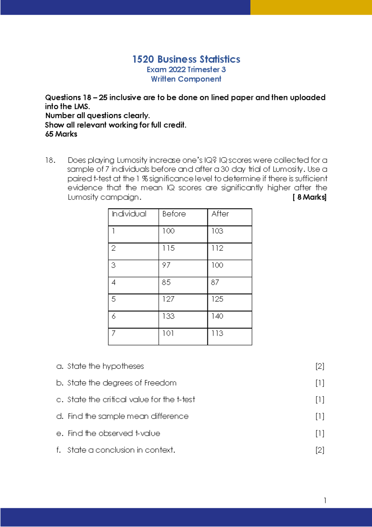 Final Exam 1520 - 1520 Business Statistics Exam 2022 Trimester 3 Written Component Questions 18 ...