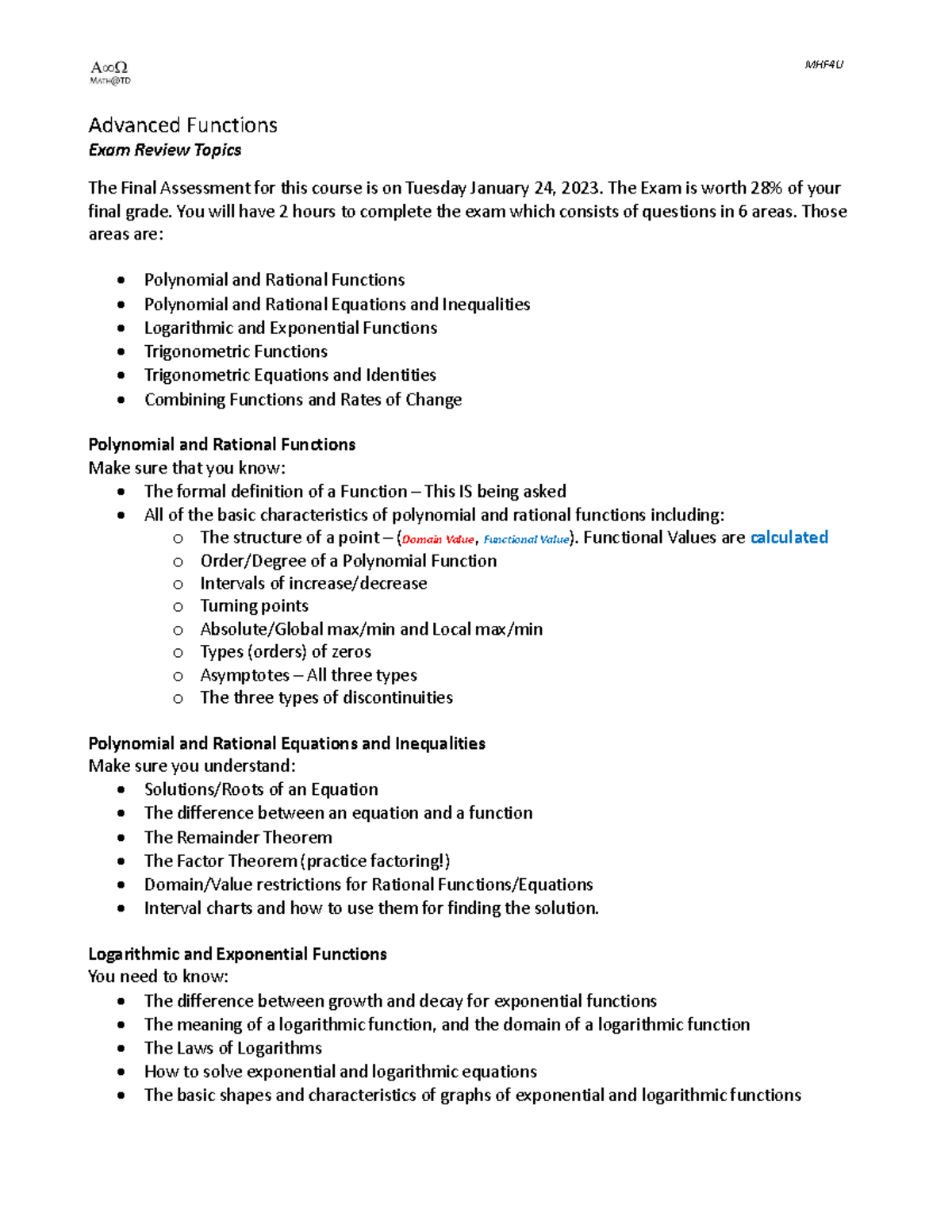 AF Review Topics F22 - aaa - MHF4U Advanced Functions Exam Review ...