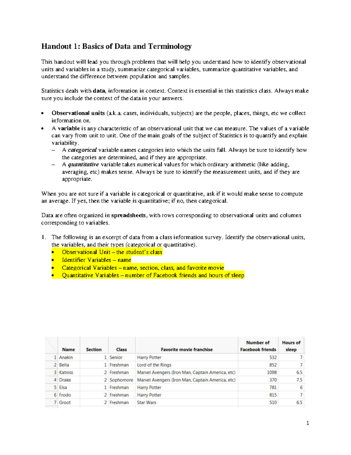 HO 1 - Basics of Data and Terminology - Handout 1: Basics of Data and ...