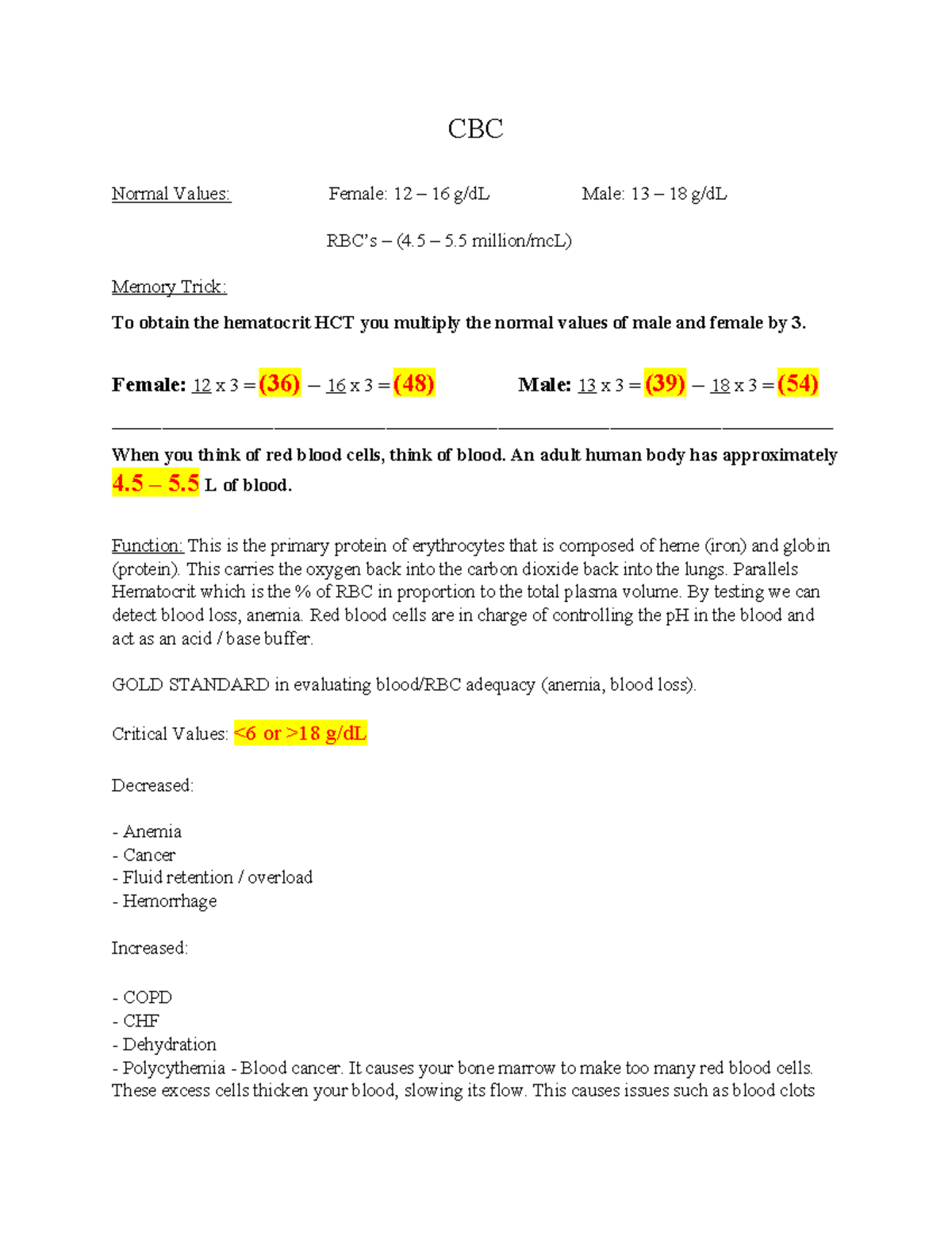 CBC - Notes that will help with lab values - CBC Normal Values: Female ...