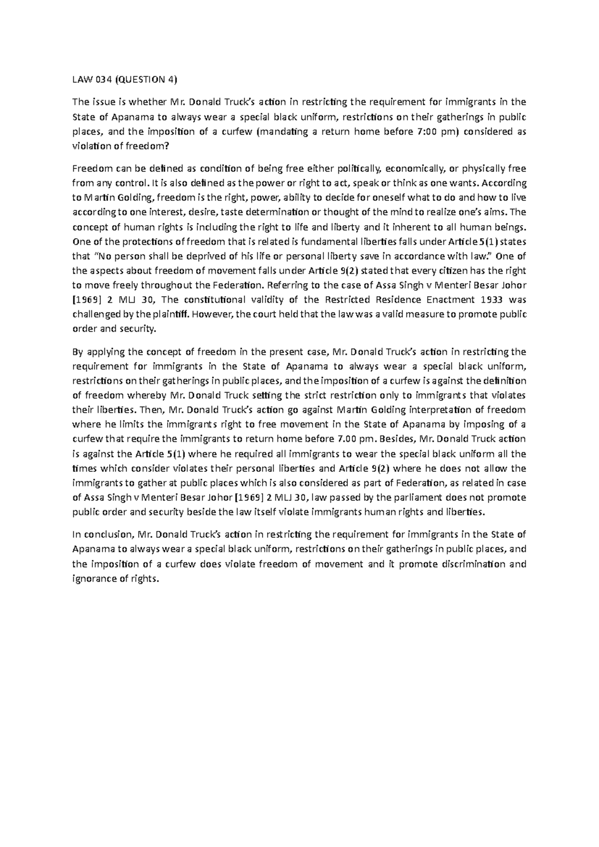 Tutorial LAW - LAW 034 (QUESTION 4) The issue is whether Mr. Donald ...