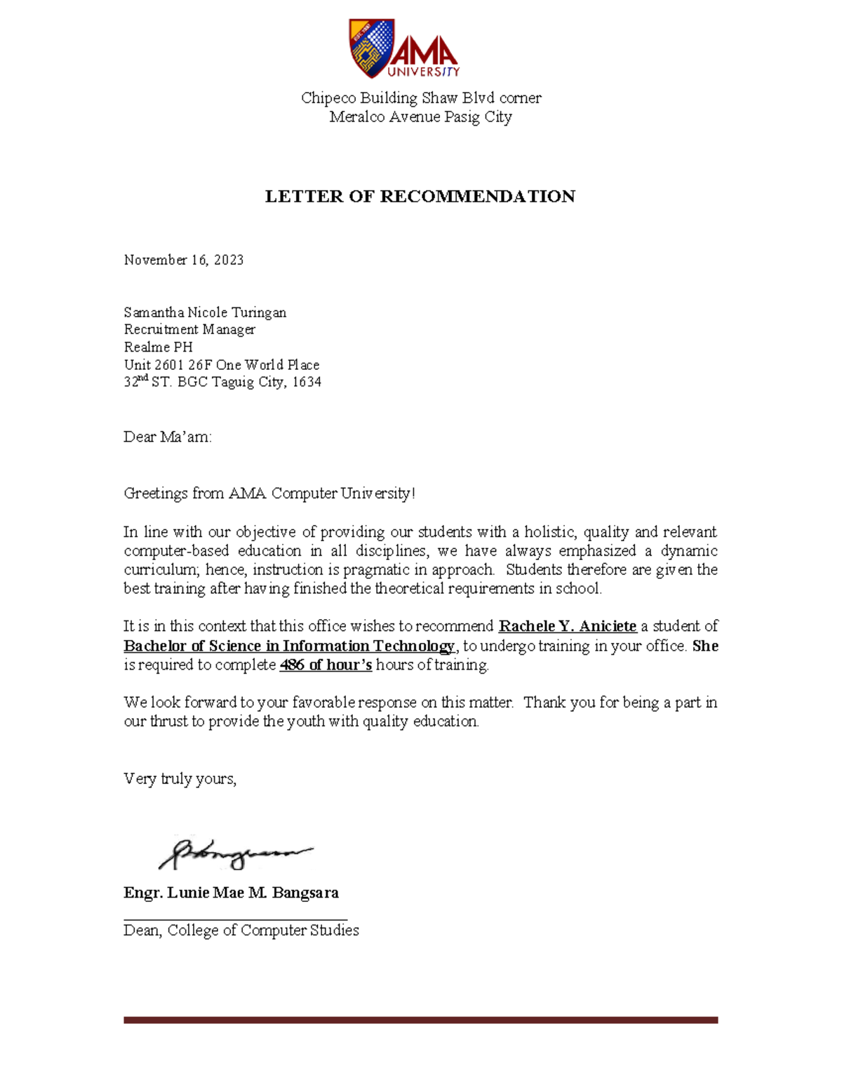 003-Recommendation-Letter - Chipeco Building Shaw Blvd corner Meralco ...