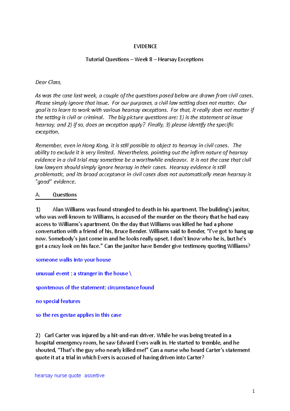 Tutorial Questions Class 8 - Hearsay Exceptions - EVIDENCE Tutorial ...