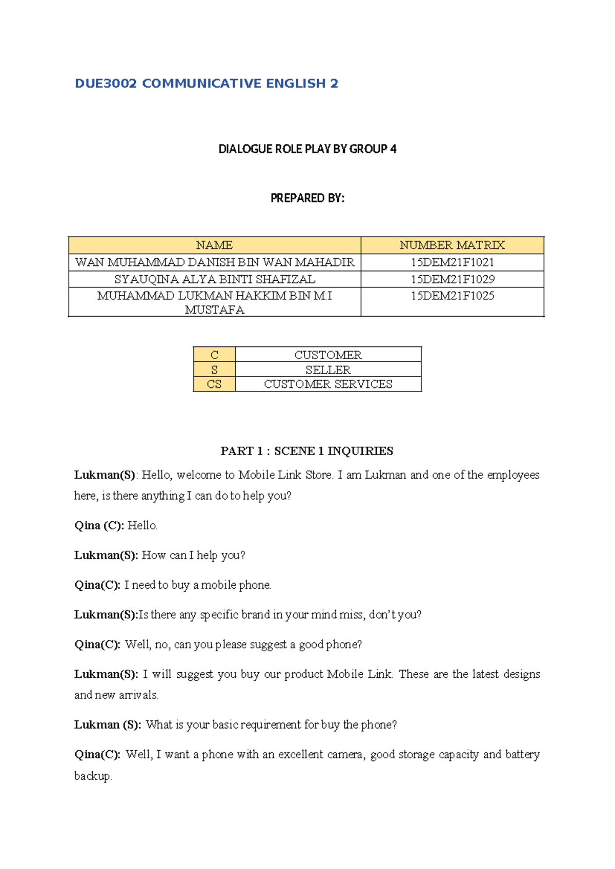 Dialog 1234 - mekatronik - DUE3002 COMMUNICATIVE ENGLISH 2 DIALOGUE ...