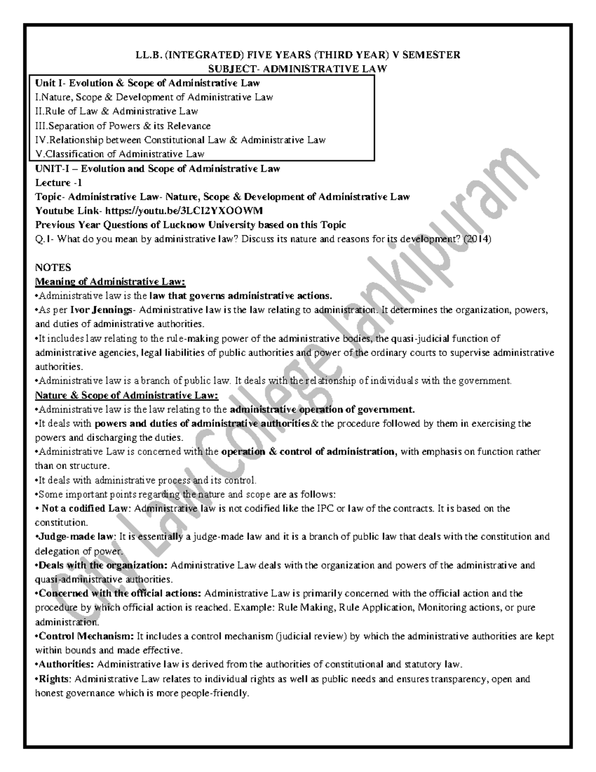 Administrative law - Law notes - LL. (INTEGRATED) FIVE YEARS (THIRD ...