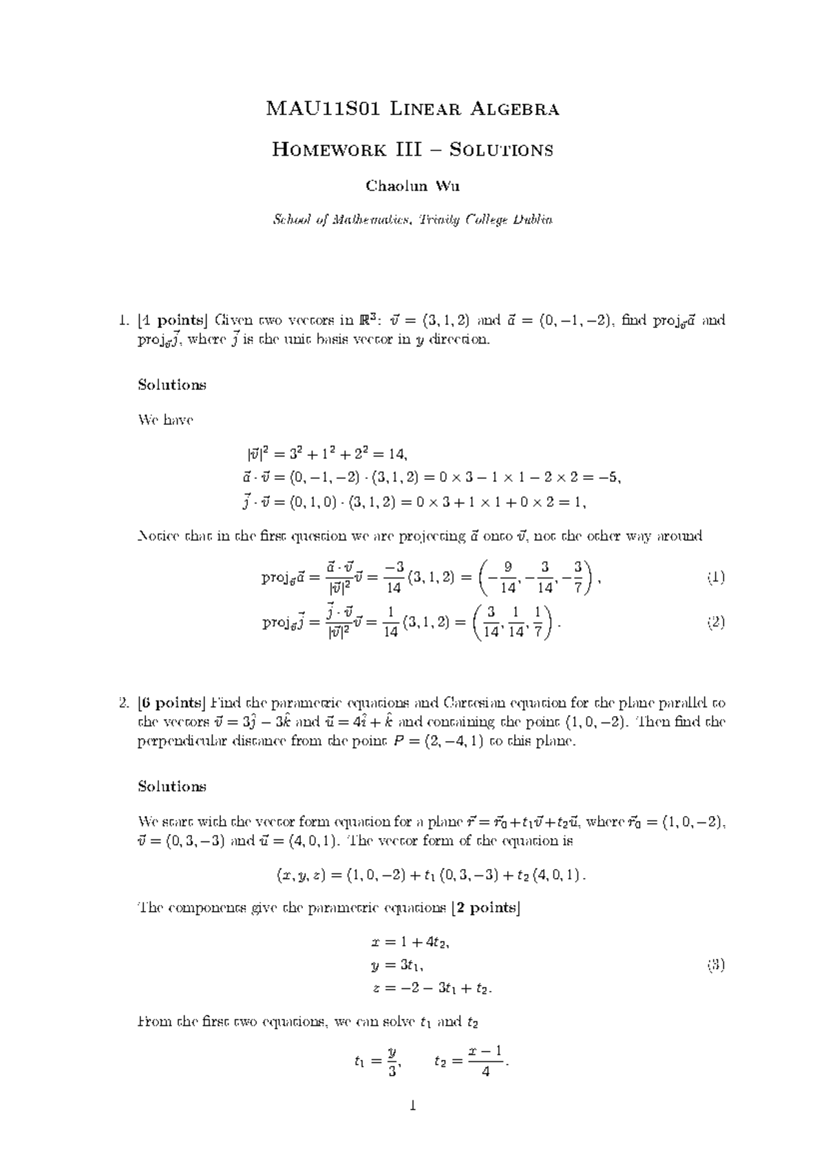HW 3 - Solutions - MAU11S01 Linear Algebra Homework III Solutions ...