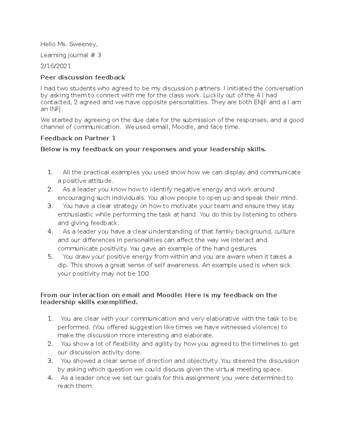 Learning journal unit 3 - Hello Ms. Sweeney, Learning journal 3 Peer ...